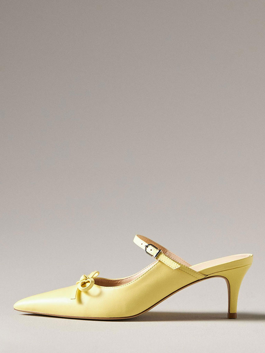 Light Yellow Kitten Heel Bow Buckle Slip-On Elegant Mules for Women