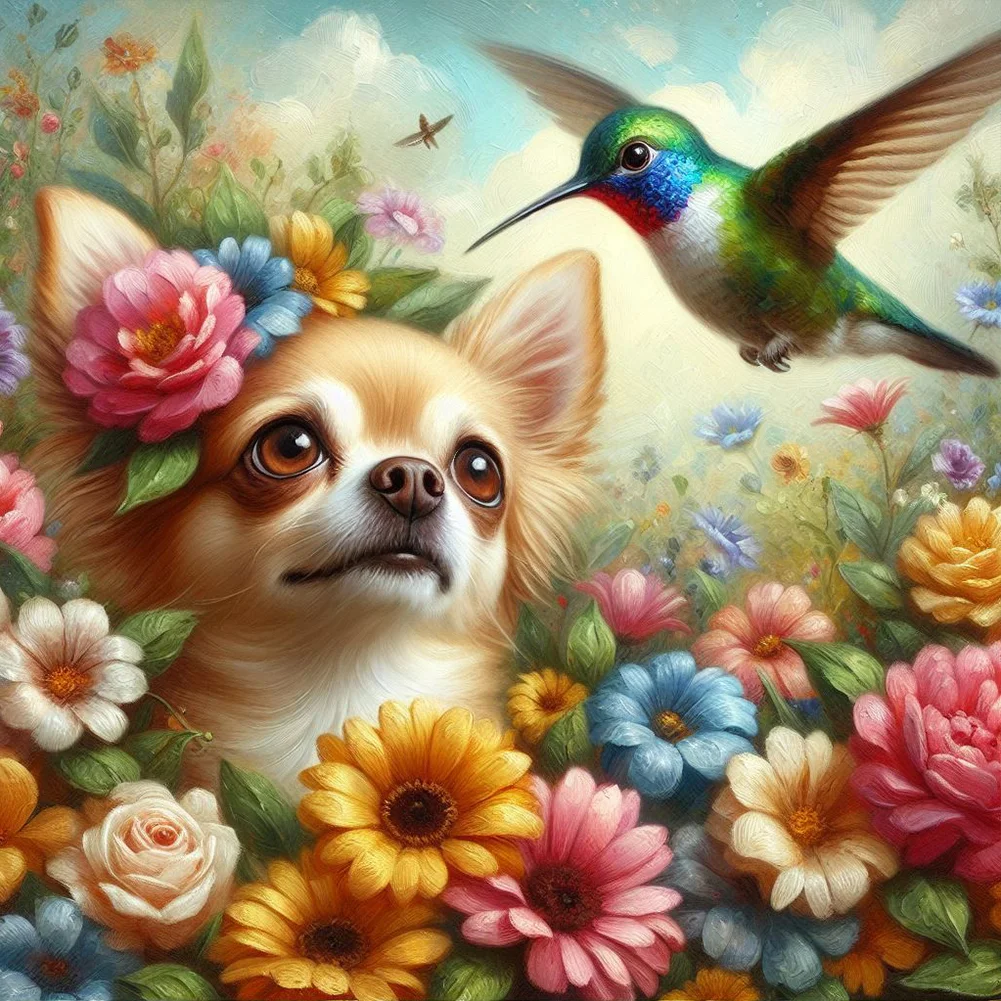 Hummingbird and Dog (velvet cloth) AB drill full round/square diamond ...