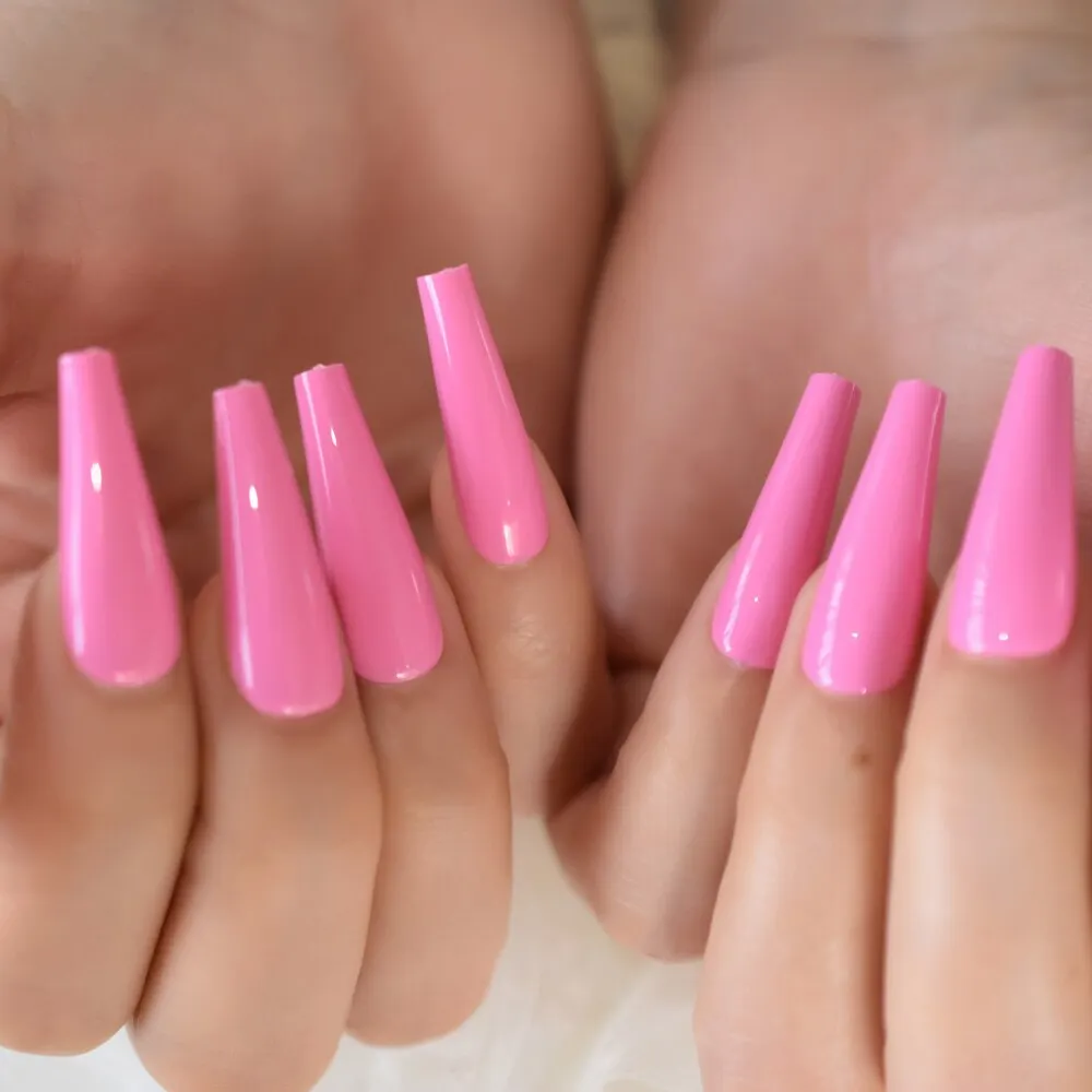 Churchf Pink Coffin Faux Ongles Extra Long Thick Reuseable Shiny UV ...