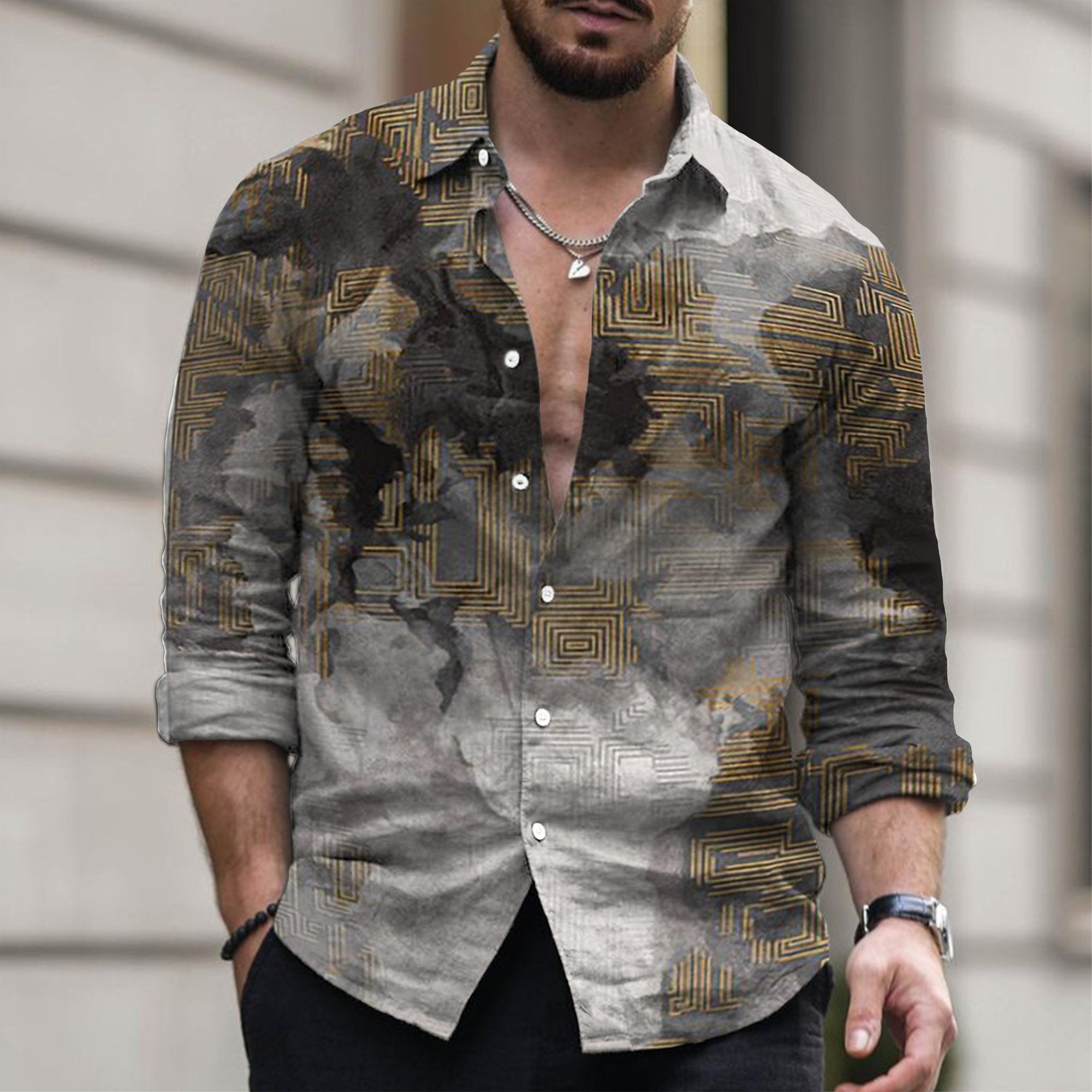 Men's Retro Sfumato Long Sleeve Shirt 19739139J