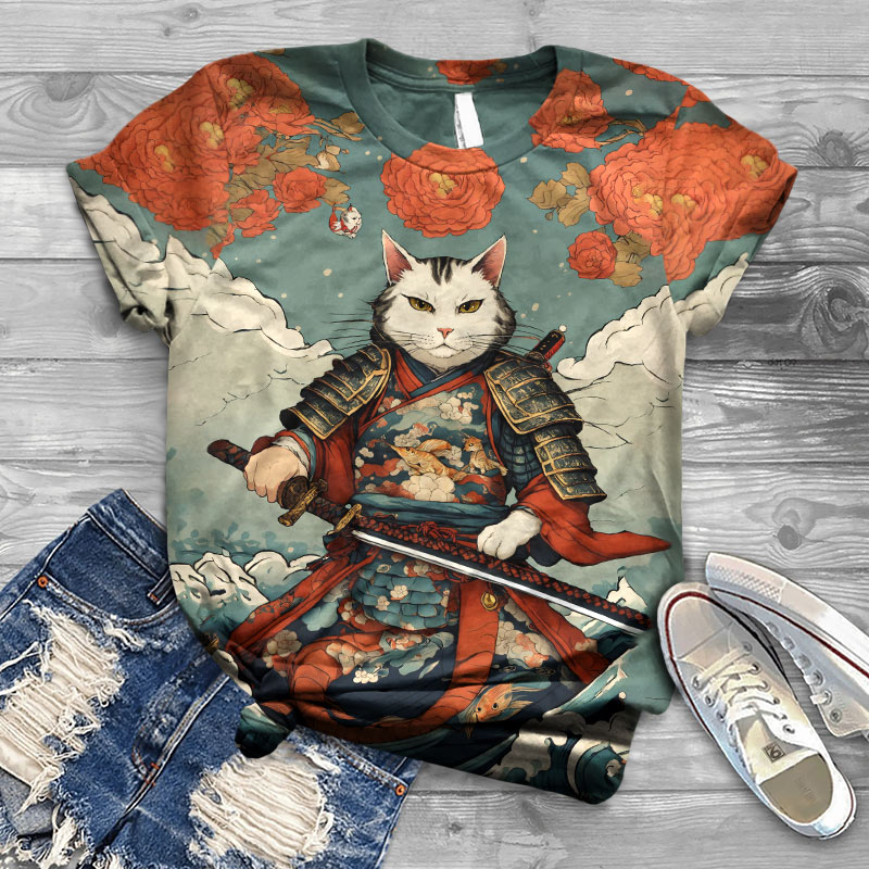 Retro Japanese Samurai Cat Print T-shirt