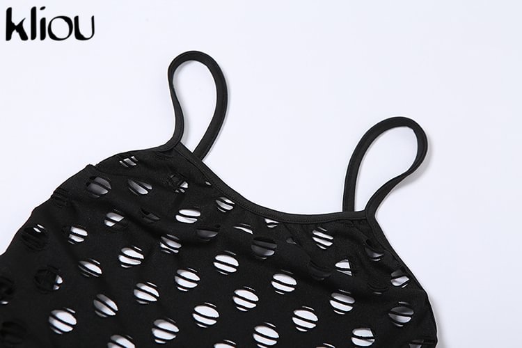 Woherb Kliou Hollow Out See Through Jumpsuit For Women Solid Sexy Sling ...