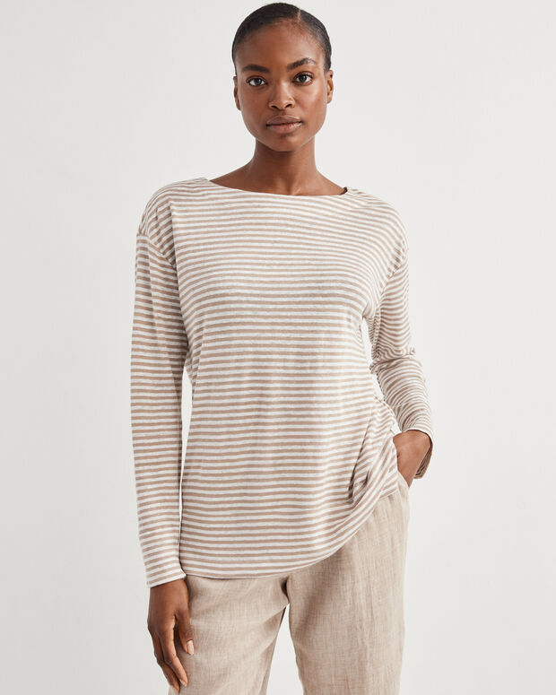 Linen Jersey Striped Boat Neck Tee WHITE/UMBER