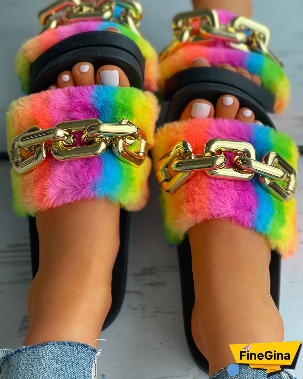 FineGina Colorful Fluffy Chain Strap Slide Slippers