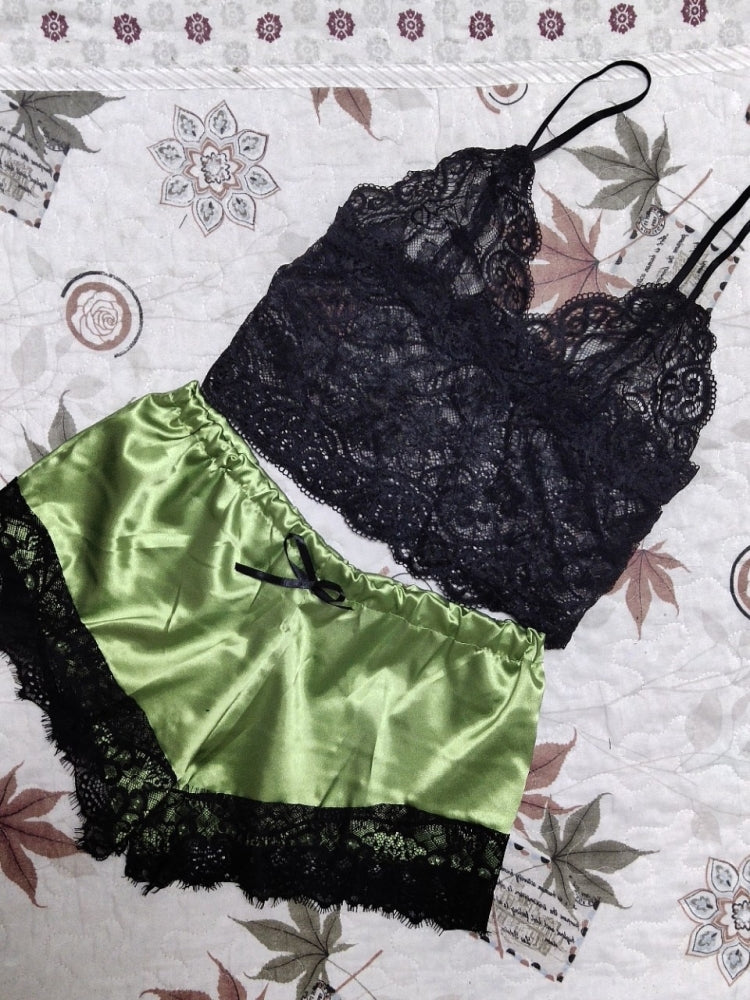 Summer Sexy Lace Trim Satin Two Piece Pajamas Set