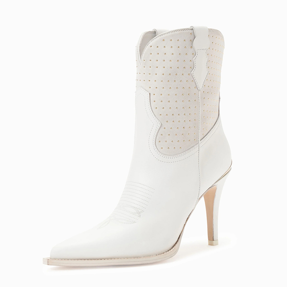 White Pointed Toe Booties Studded Stiletto Heel Cowgirl Boots