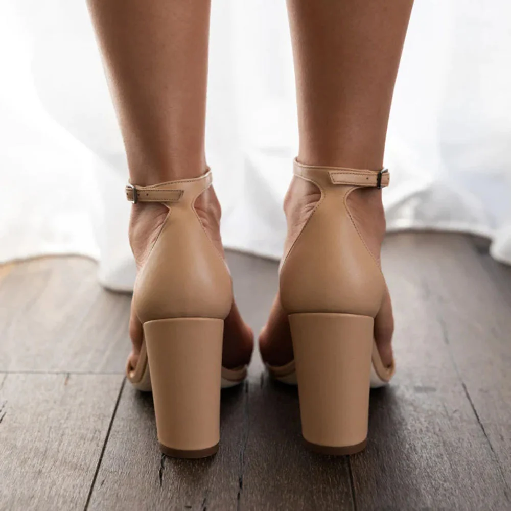 Beige Open Toe Block Heel Classic Ankle Strap Sandals