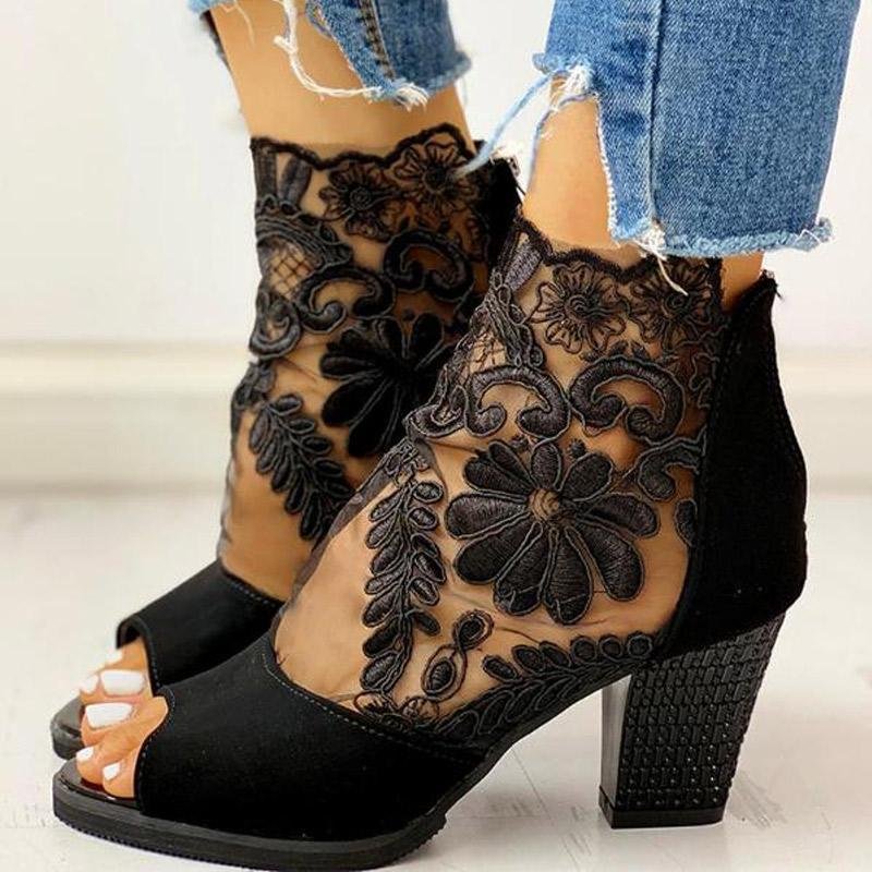 Lace Mesh Insert Chunky Heeled Boots - Womens Fashion Online Shopping