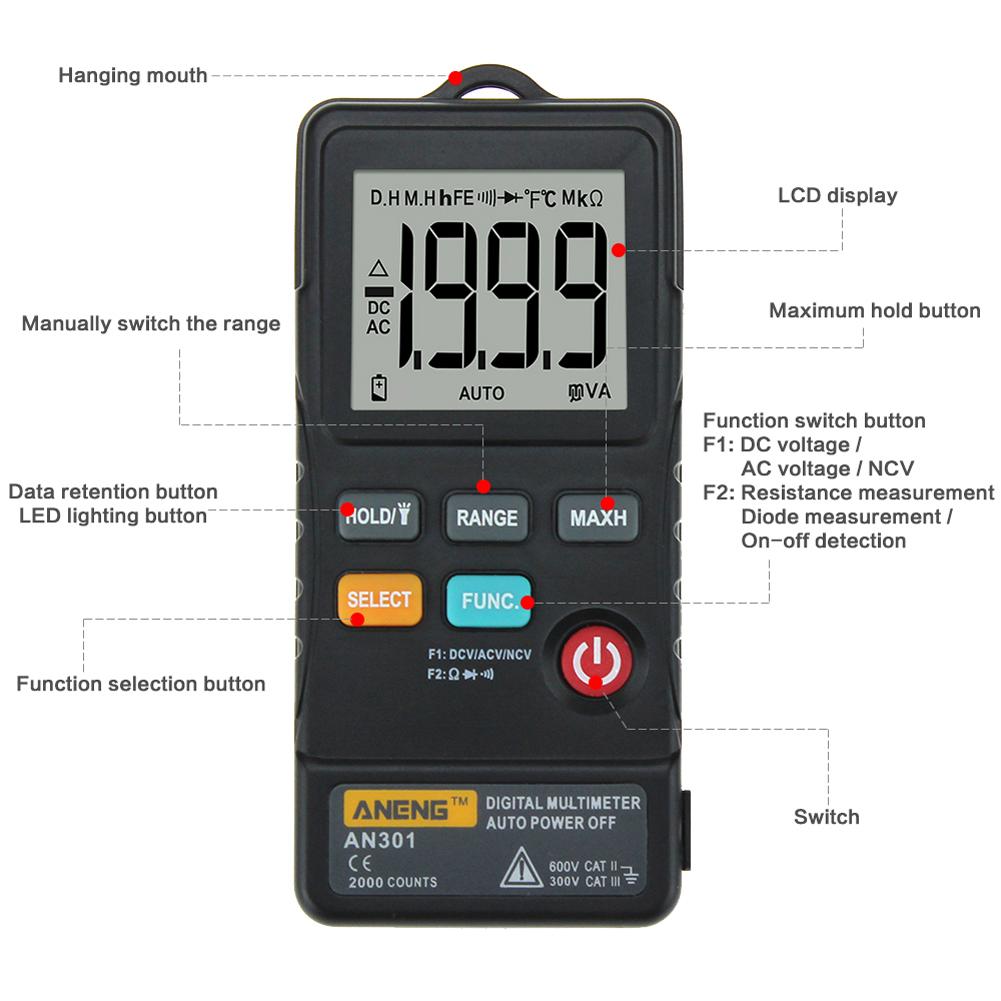 AN301 Digital Multimeter AC DC Voltmeter Resistance Meter with LED Light - ANENG MULTIMETER