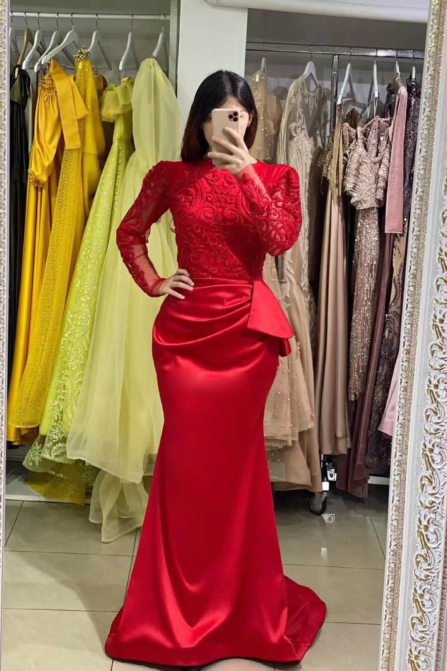 Daisda Mermaid Long Sleeves Prom Dress With Lace Appliques