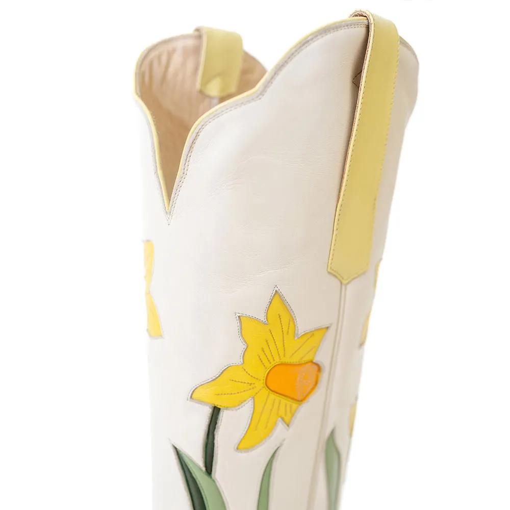 Yellow & Ivory Chunky Heel Daffodil Inlay Cowgirl Boots fo Women
