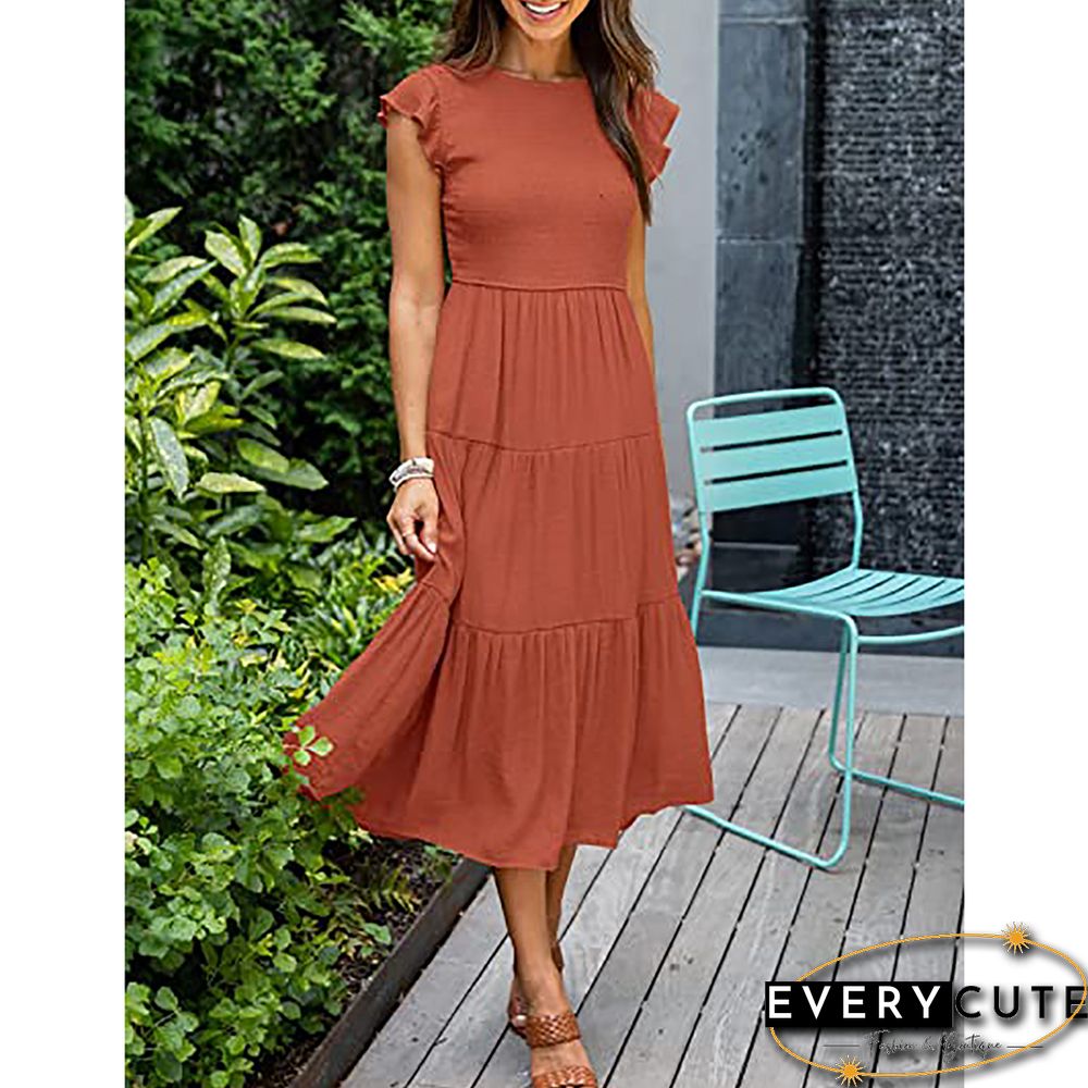 Wholesale Orange Ruffled Sleeve Pleated Layered Casual Dress Online