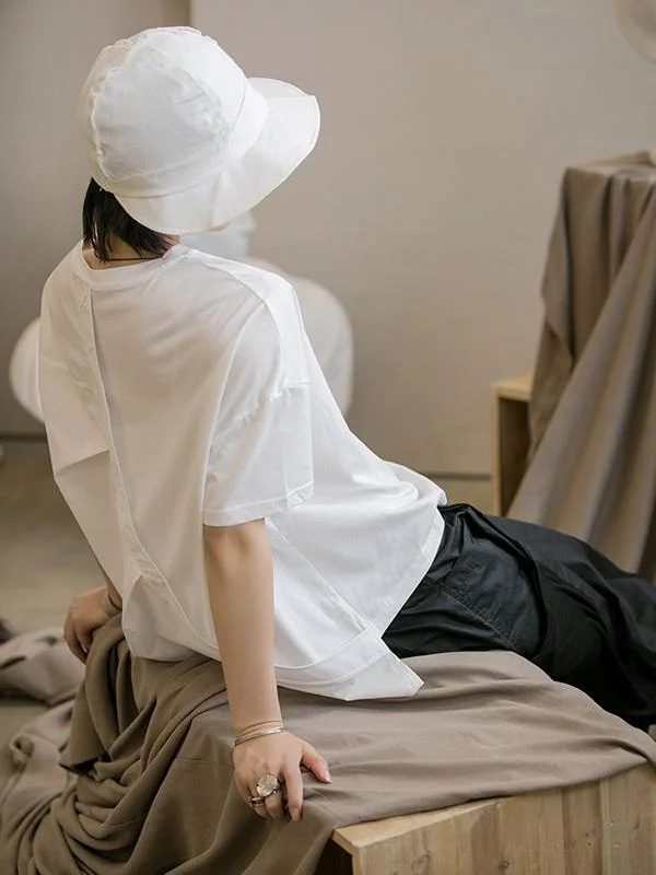 Simple Loose Solid Pocket Back-Button T-Shirt
