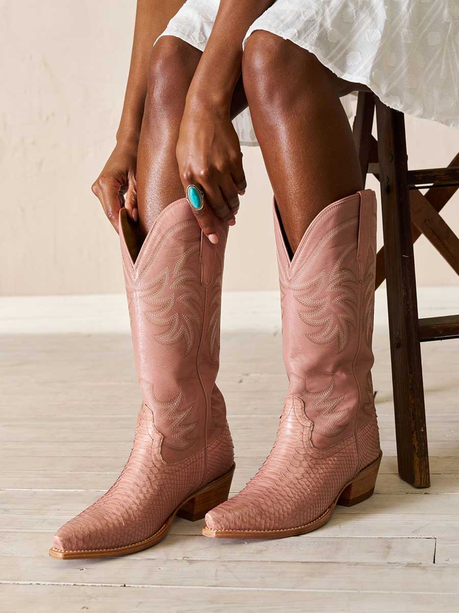 Pink Python Snip Toe Embroidered Chunky Heel Mid-Calf Cowgirl Boots
