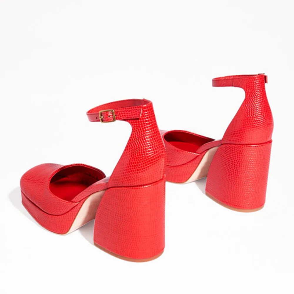 FSJ Red Square Toe Shoes Block Heel Platform Pumps for Women