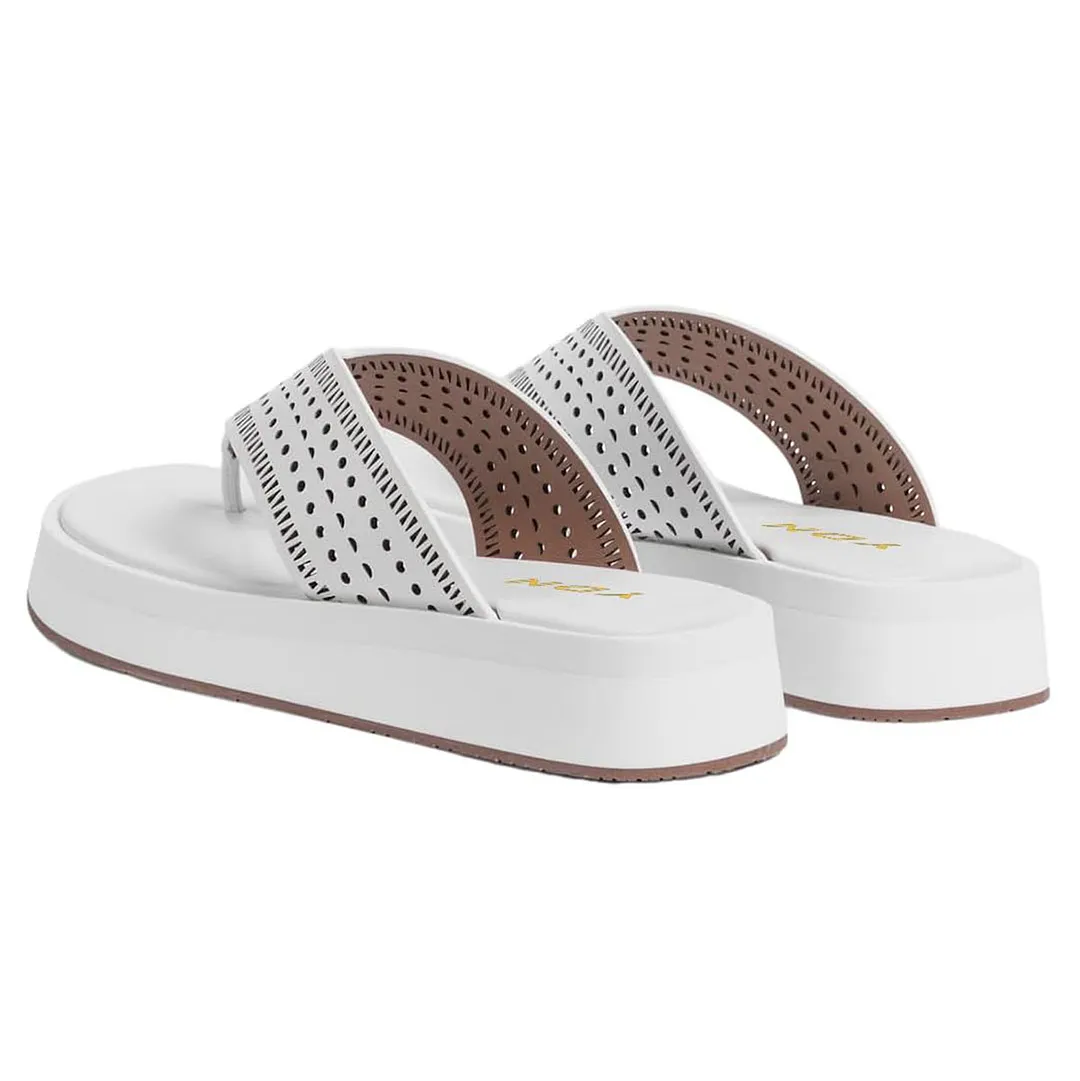 White Open Round Toe Perforated Details Platform Flip Flops