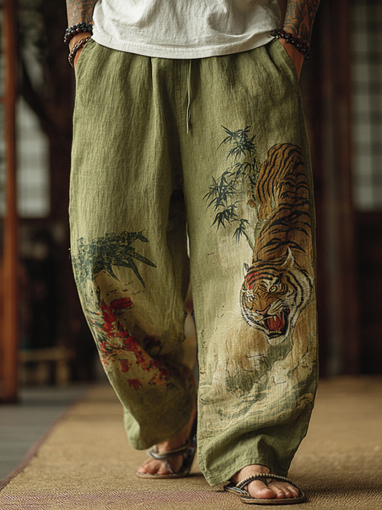 Men's Japanese Tiger And Bamboo Pattern Contrast Wide Leg Linen Pants ...