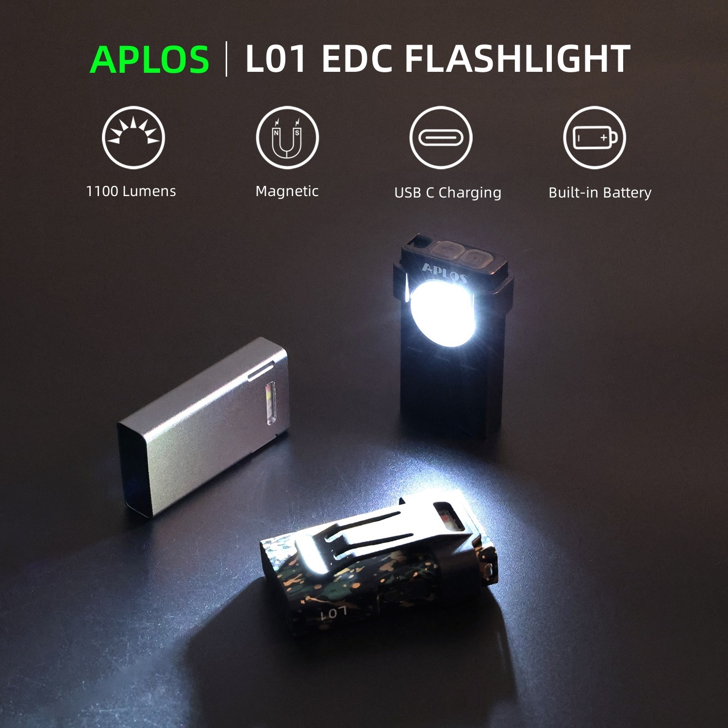 APLOS L01 1100 Lumens Rechargeable Mini EDC Flashlight, Magnetic Base ...