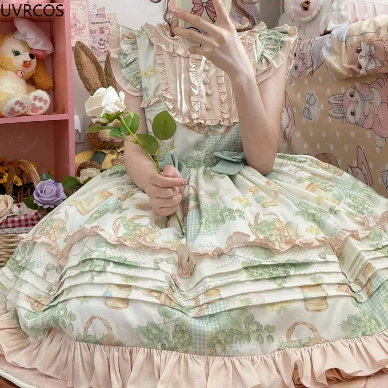 Woherb Kawaii Lolita Jsk Dress Women Victorian Retro Ruffle Grape Print ...