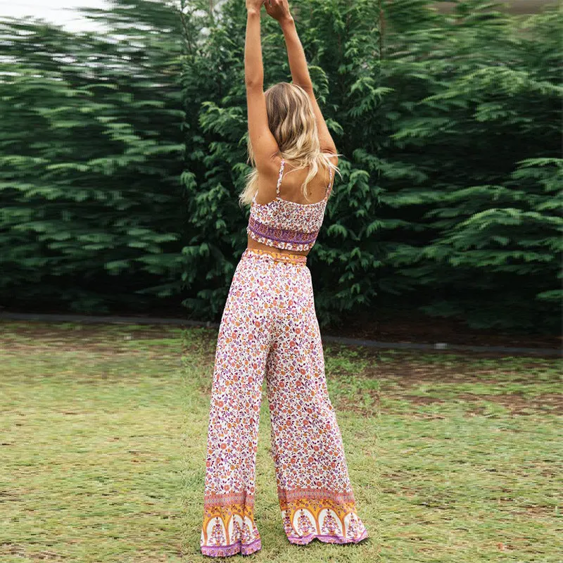 purple floral crop top and pants matching sets