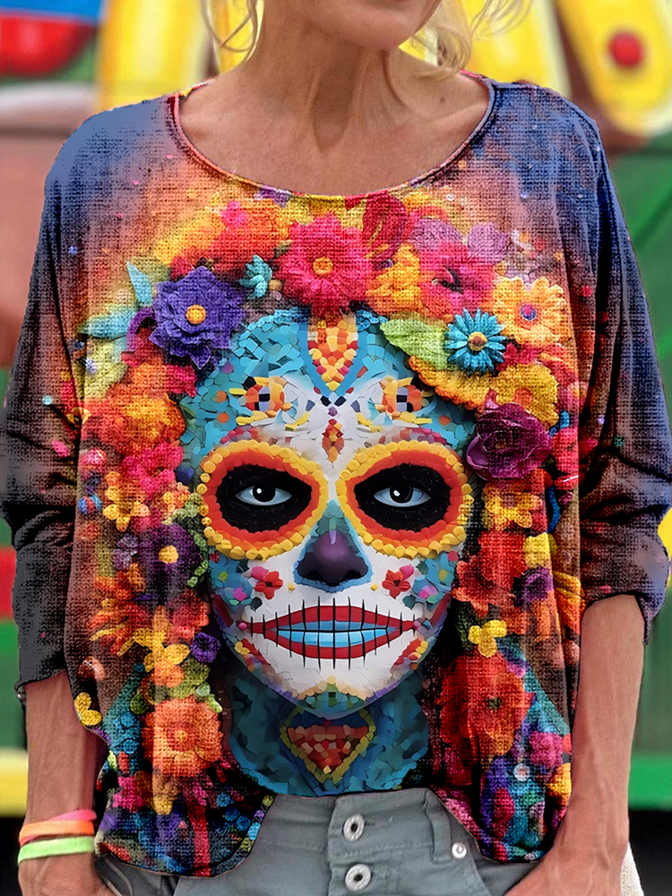 Mexican Day Of The Dead Catrina Colorful Skull Floral Art Long Sleeve T ...