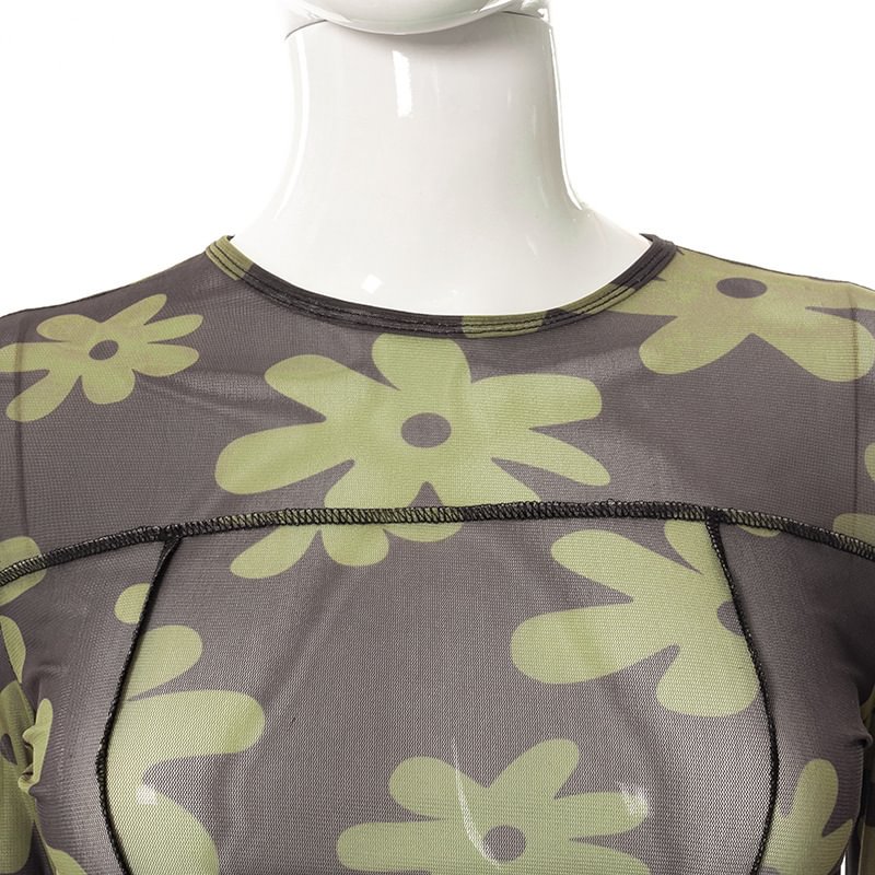 BLACK YELLOW FLORAL LONG SLEEVE MESH TOP