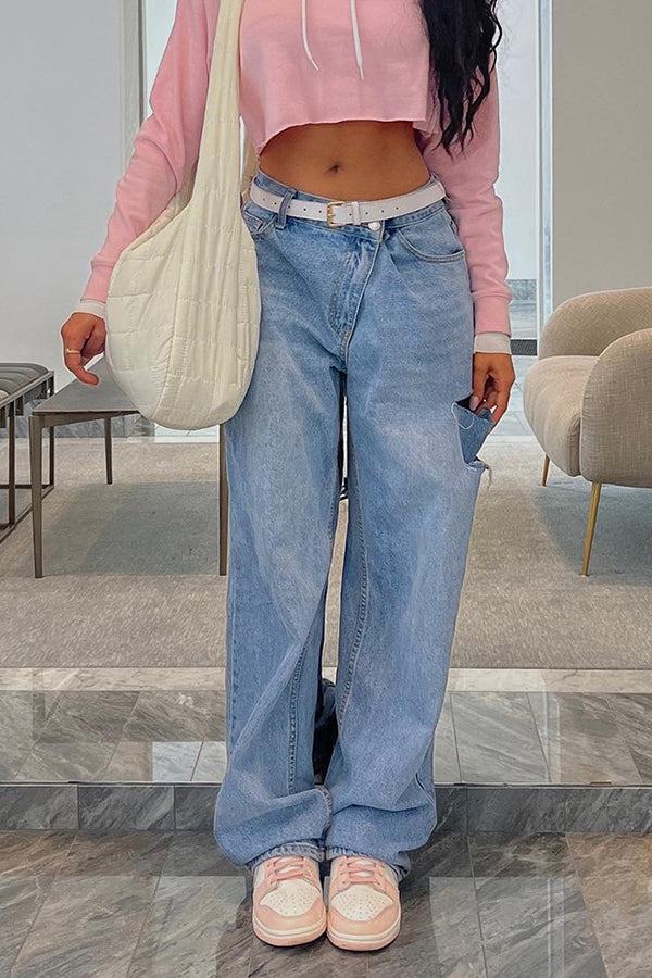 Personalized Slanted Waist Asymmetric Ripped Straight-Leg Jeans