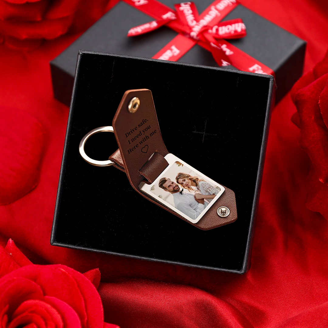 Personalized Leather Keychain Custom Photo Keychain Gifts Set With Gift Box