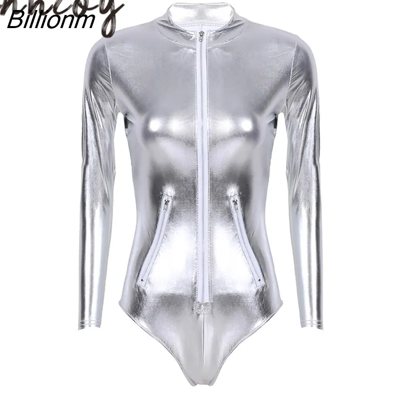 Billionm Women Shiny Patent Leather Long Sleeve Leotard Sexy Bodysuit ...