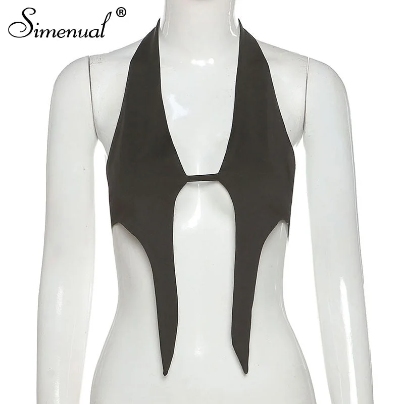 Simenual Sexy Asymmetrical Tie Up Halter Top Summer 2021 Fashion ...