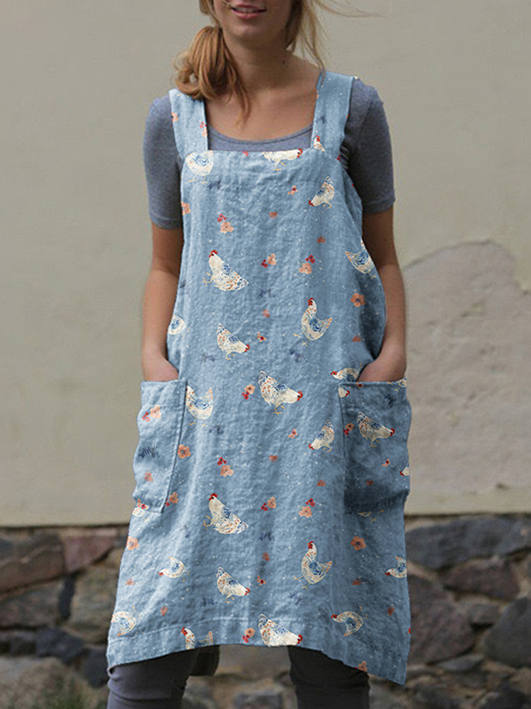 Farm Chicken Print Sling Pocket Apron Midi Dress
