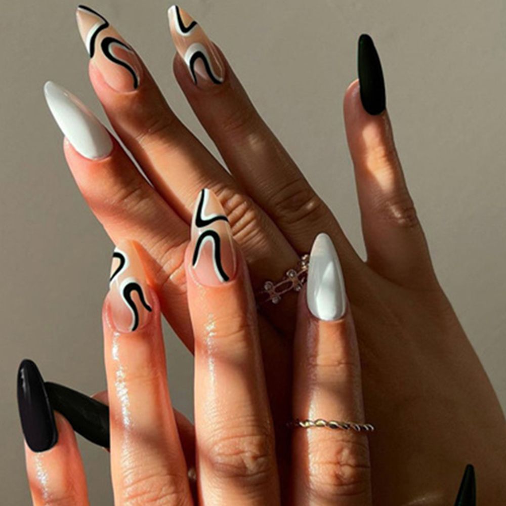 Churchf Almond False Nails Long and Short Square Fake Nails Wavy Lines ...