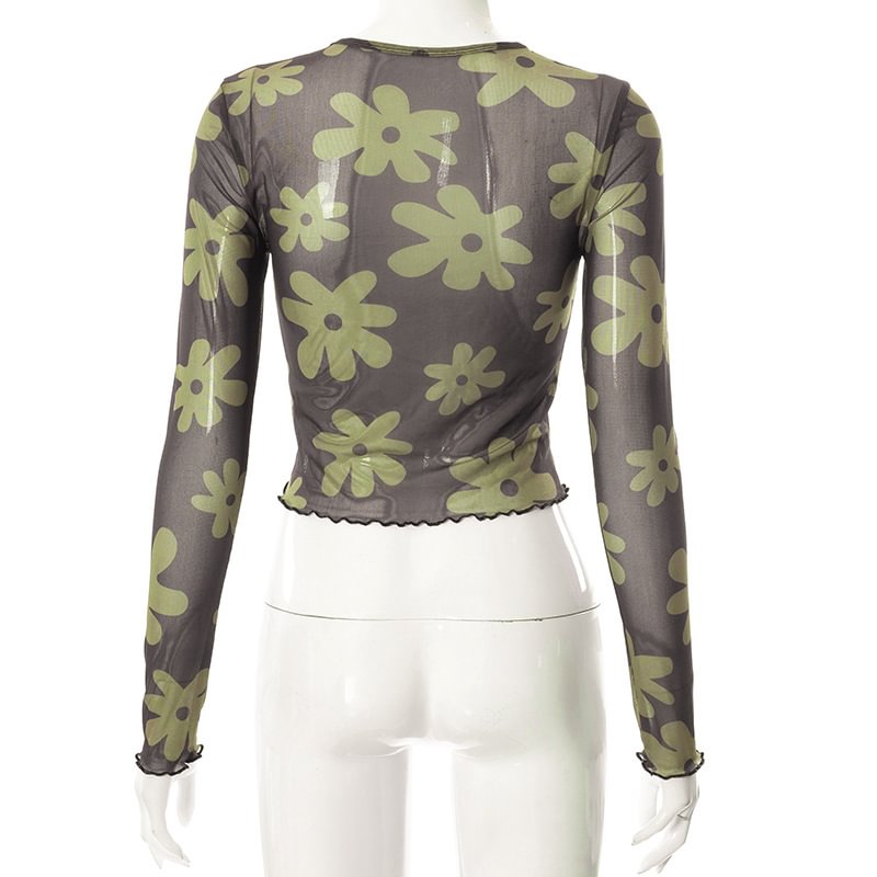 BLACK YELLOW FLORAL LONG SLEEVE MESH TOP