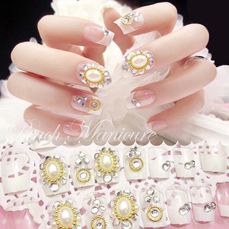 24pcs Ladies Fake Nails Transparent Floral Beads Decor DIY Bride False ...