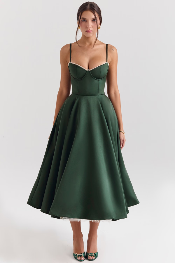Green Spaghetti-Straps Evening Dress With Ivory Lining ZT0442