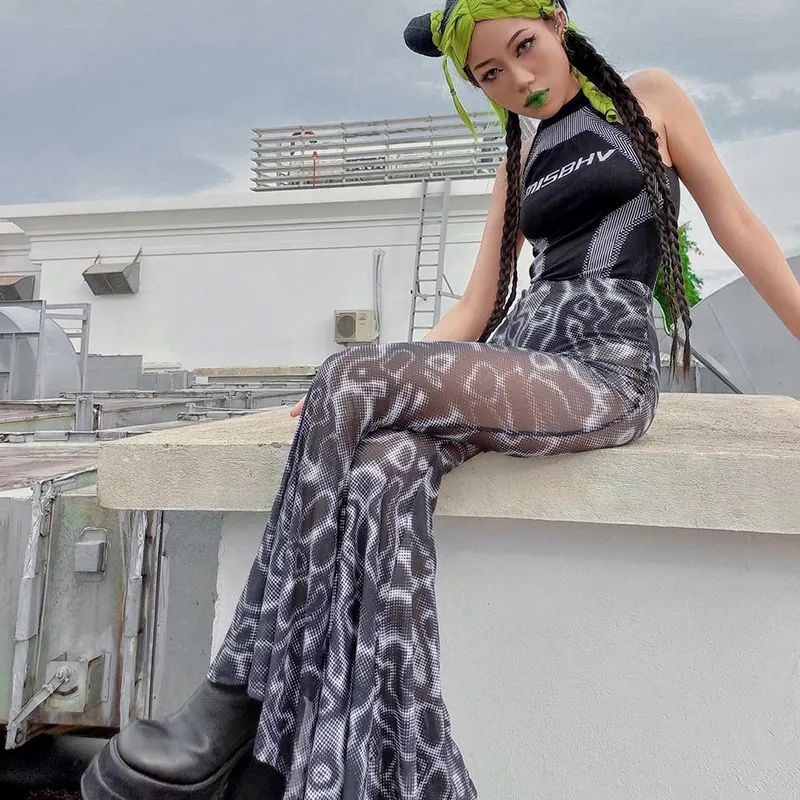 RIPPLE PRINT MESH FLARED PANTS