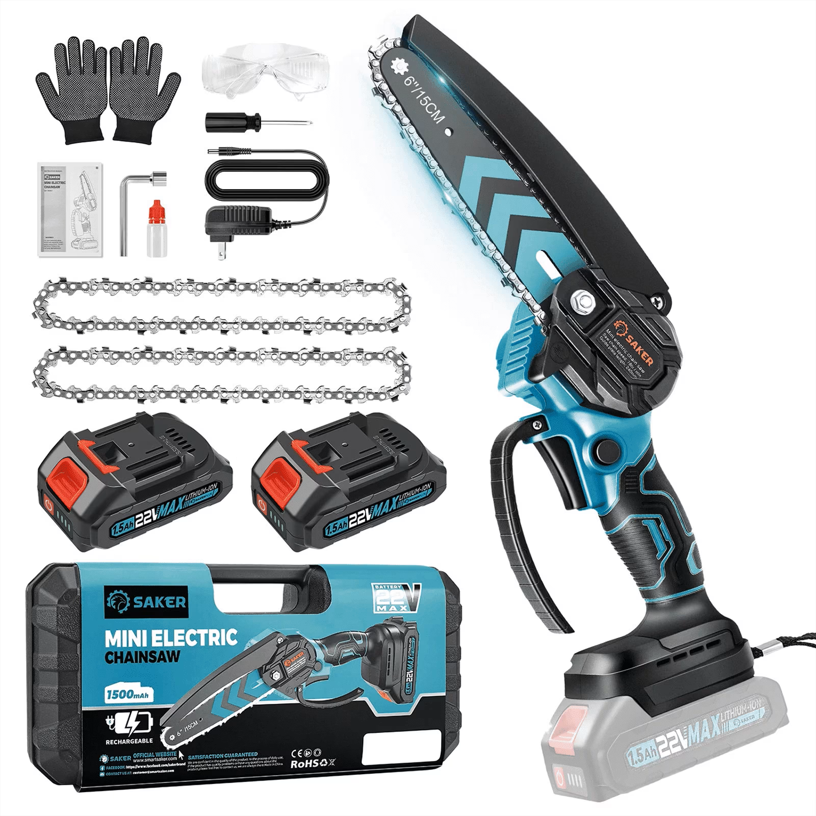 Saker® 6 Inch Mini Chainsaw with 2 Batteries & 2 Chains, Lightweight ...