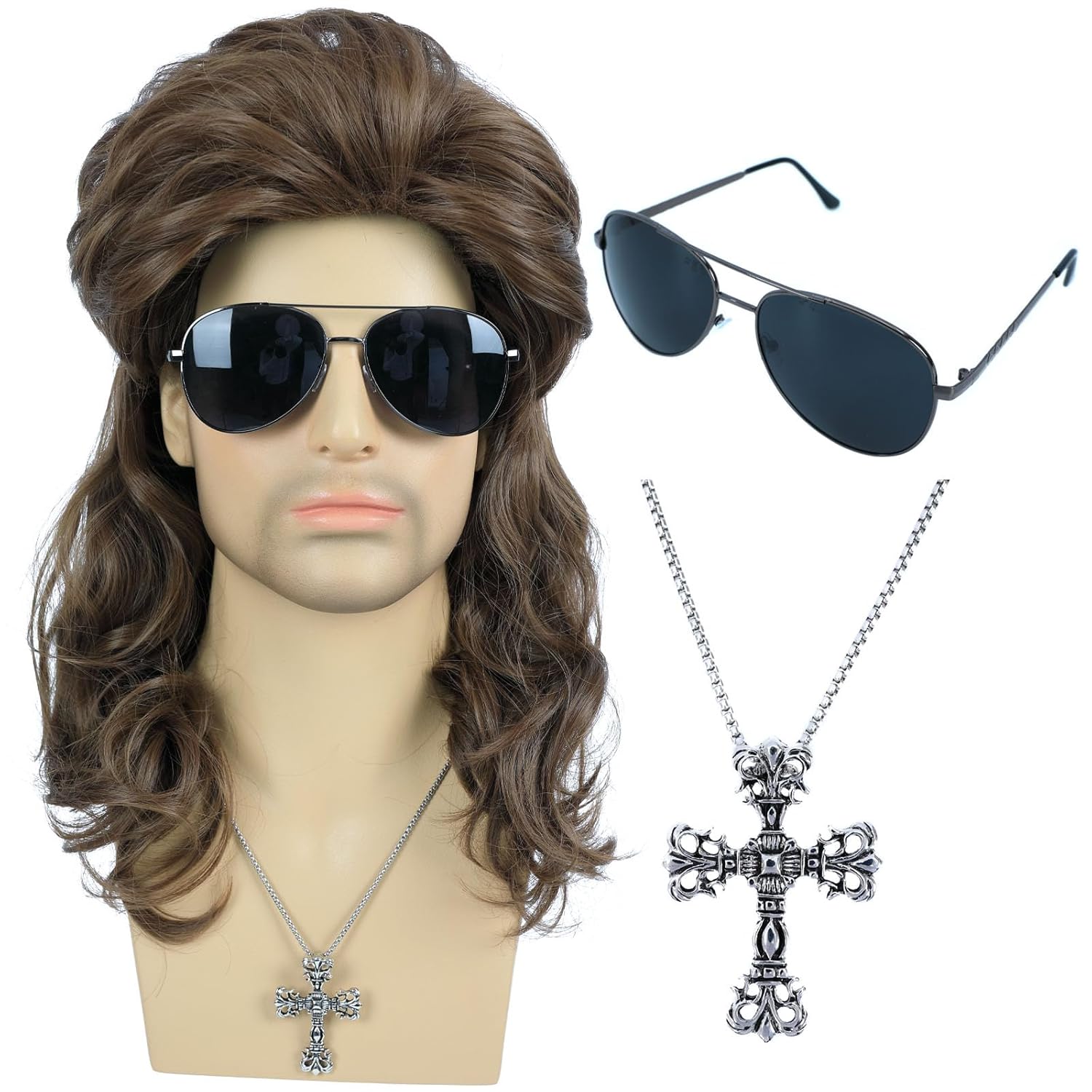 GAR BETHE 80s Brown Mullet Wigs For Men With Glasses And Cross Necklace ...