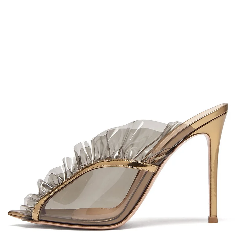 Gold Ruffle Clear PVC Mule Stiletto Heels Vdcoo