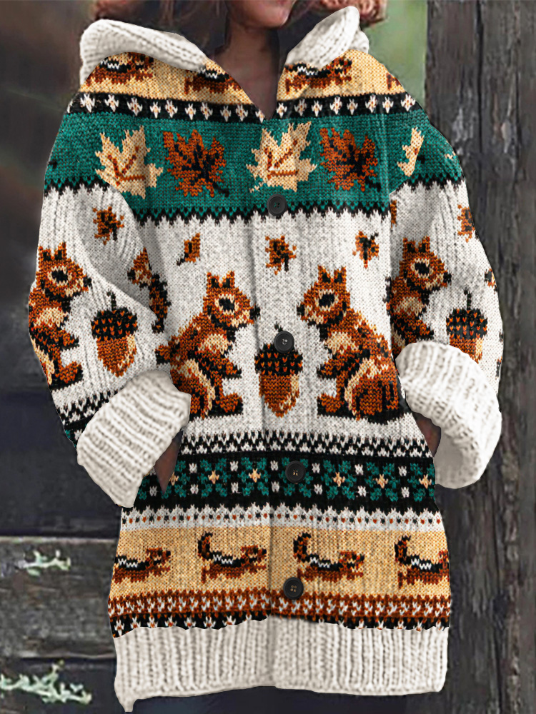 Squirrel Print Knitted Hooded Cardigan
