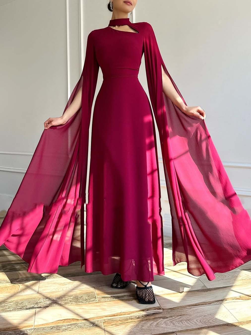 Flowing Cape Halter Neck Evening Dress
