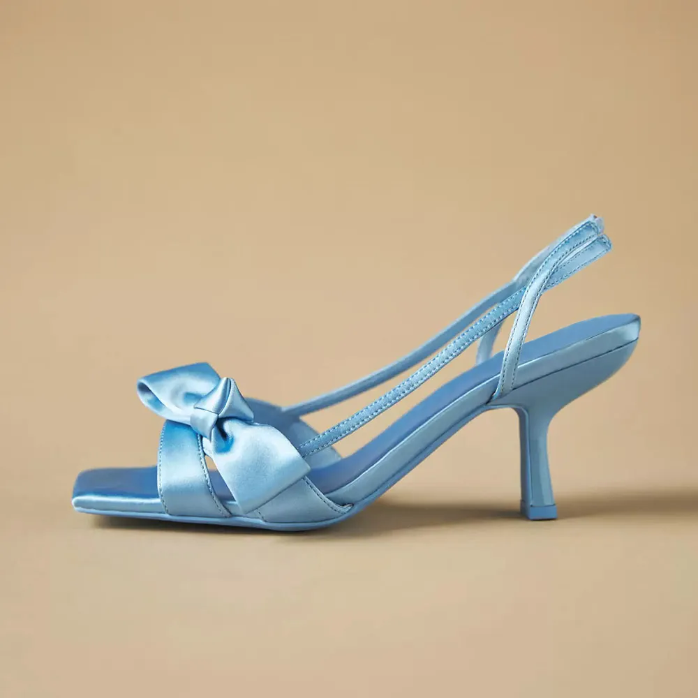 Sky Blue Satin Open Square Toe Slingback Kitten Heels with Bows