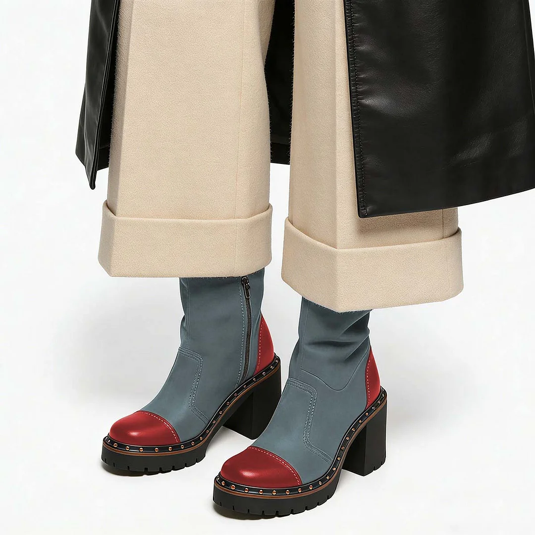 Dusty Blue Round Toe Studded Platform Tall Boots with Chunky Heel