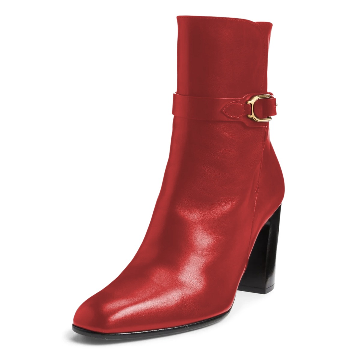 Red Faux Leather Square Toe Decorative Strap Buckle Heeled Booties