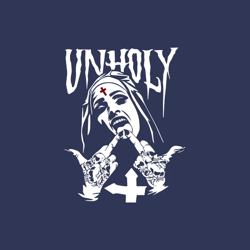 UNHOLY Nun with Crucifix on Forehead Graphic Casual Black Print T-shirt