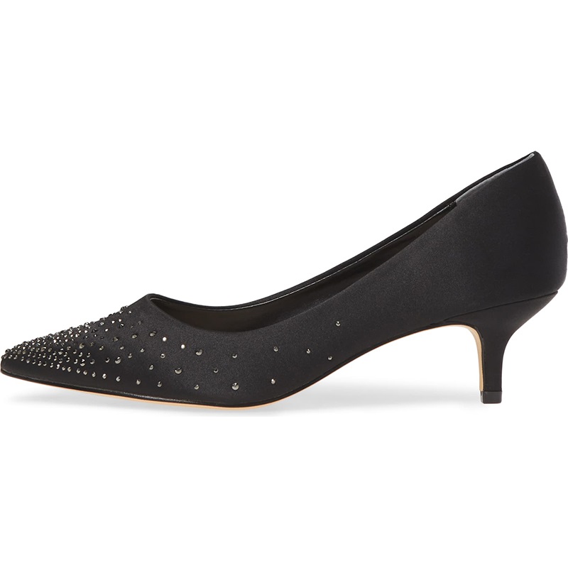 Black Satin Kitten Heel Pumps with Crystal Detail Vdcoo