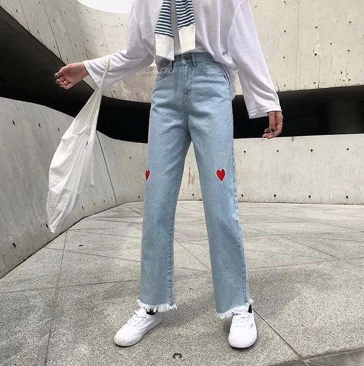HEART EMBROIDERED DENIM JEANS
