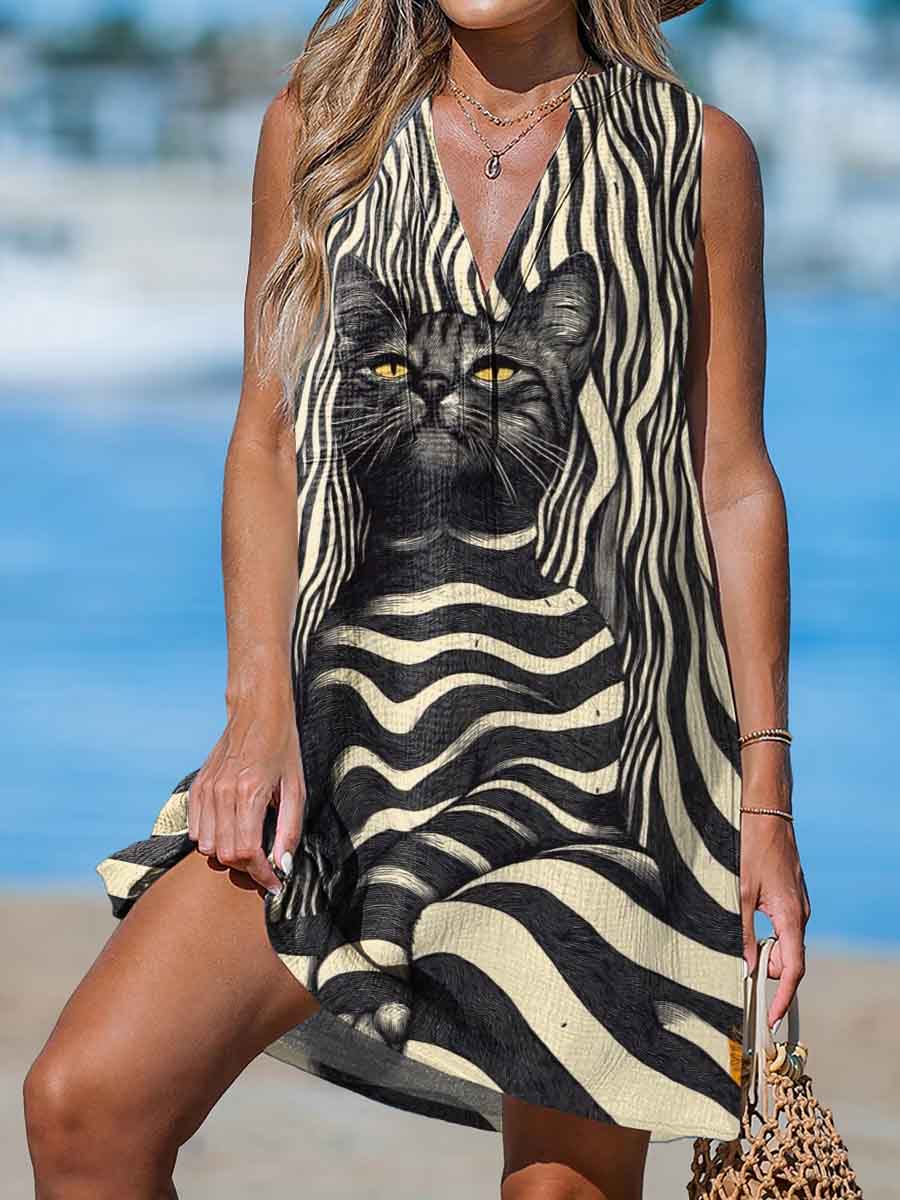 Women's V-neck Cartoon Cat Print Vest Beach Dress