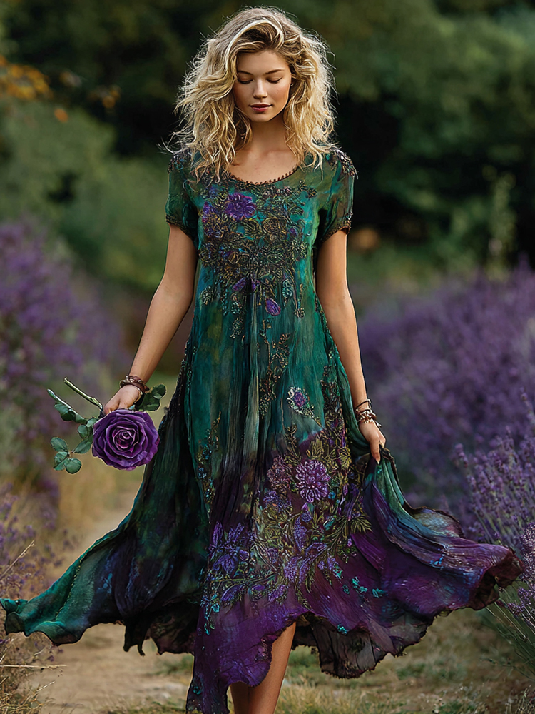 Women's Vintage Floral Embroidery Gradient Pattern Round Neck Dress