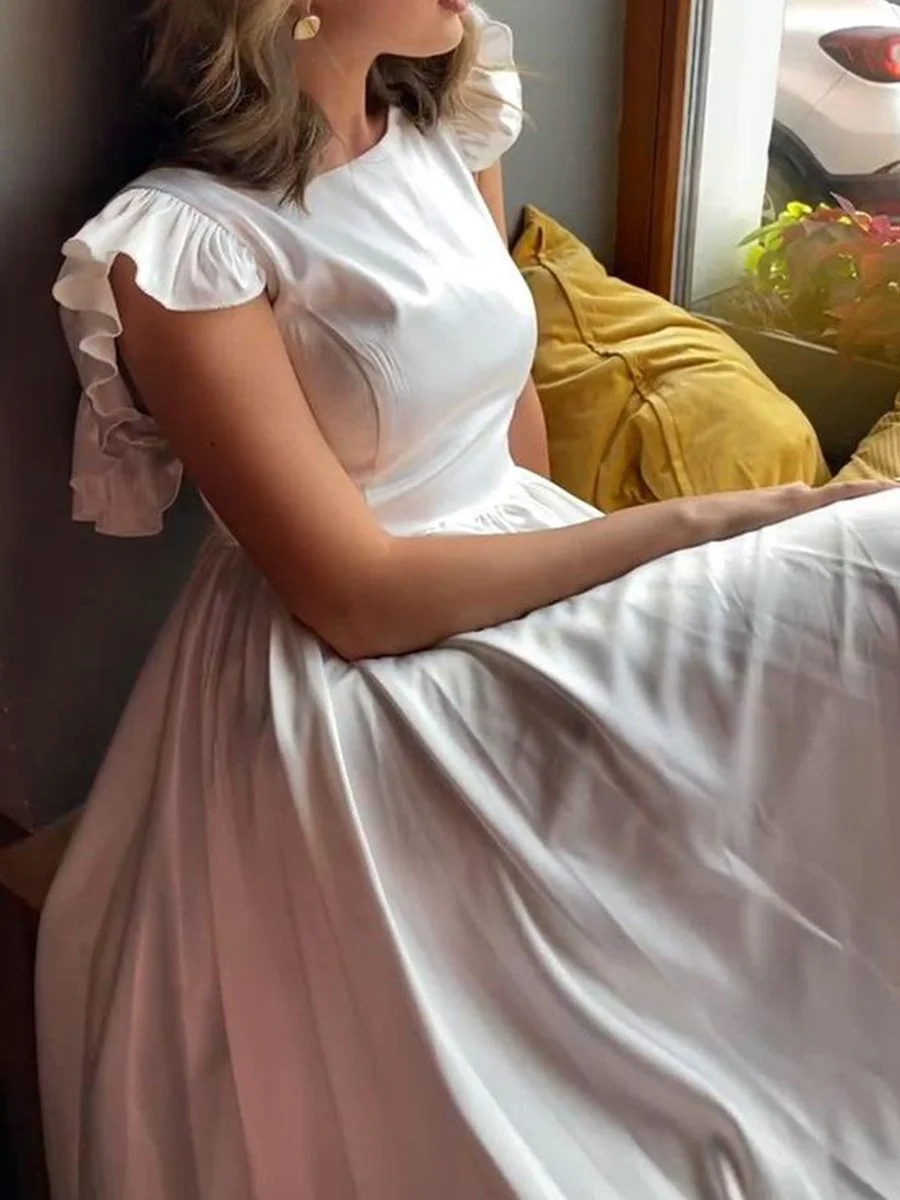 Lace-sleeved Open Back Solid Color Gown